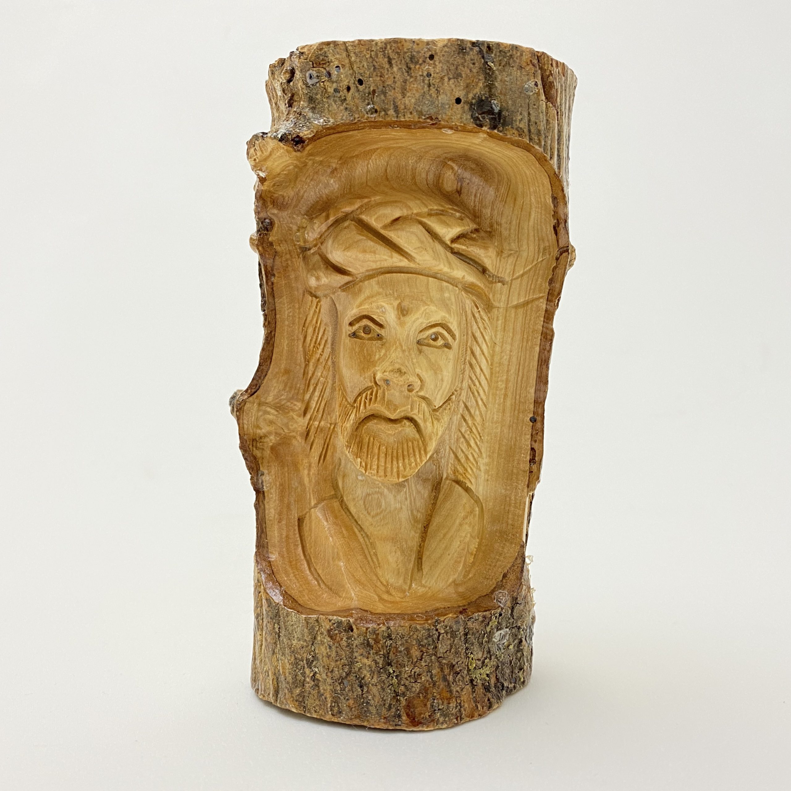 Jesus Face Carved on Olive Wood Log - Bethlehem Wood Carving
