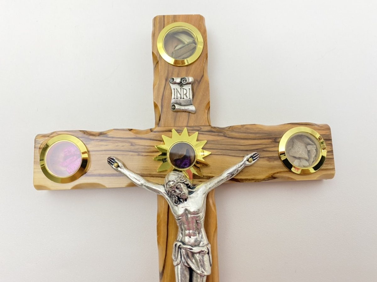 Olive Wood Cross with Element From Jerusalem - Bethlehem Wood Carving