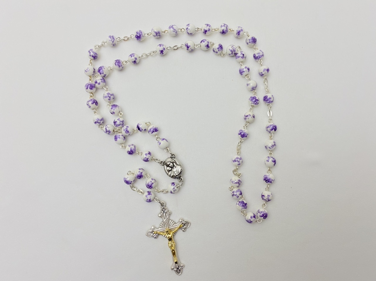 Purple Ceramic Flower Rosary - Bethlehem Wood Carving